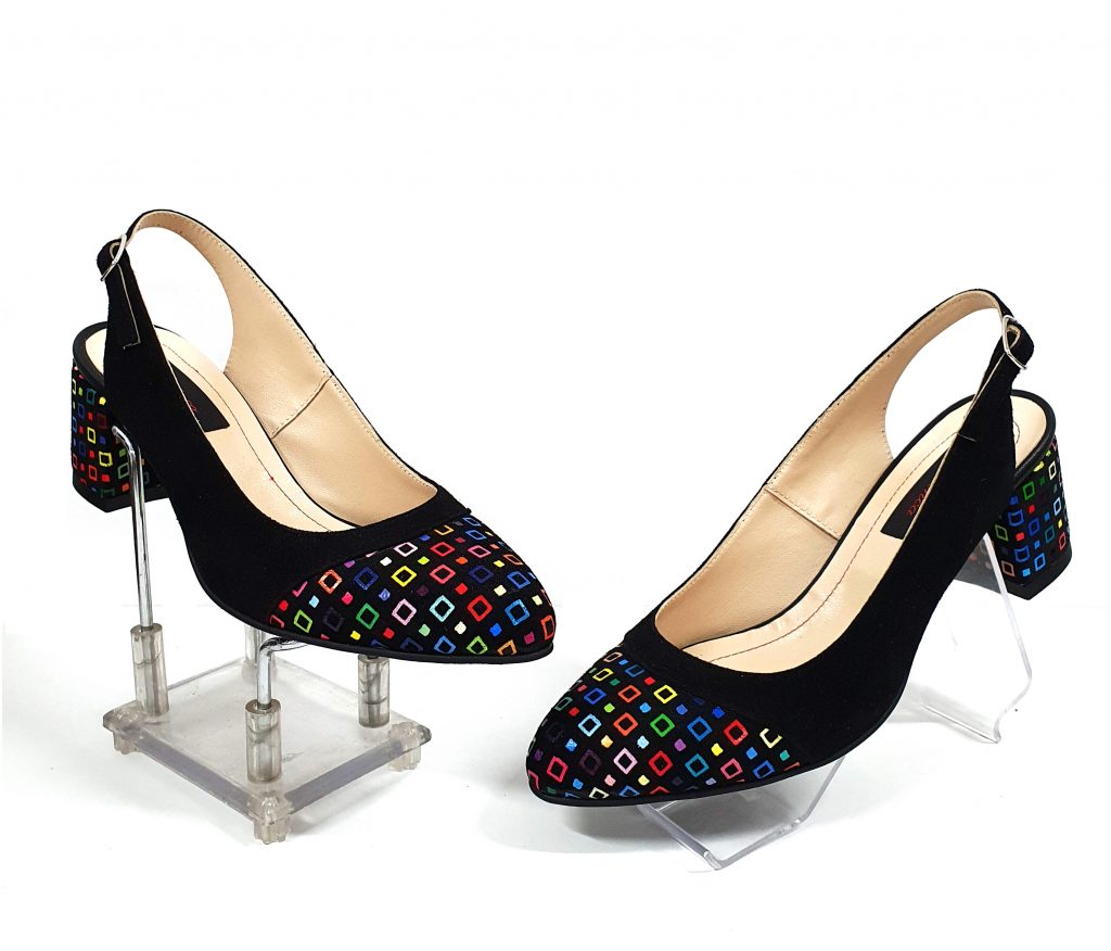 Sandale dama din piele naturala - Negru Antilopa Patratele Colorate ...