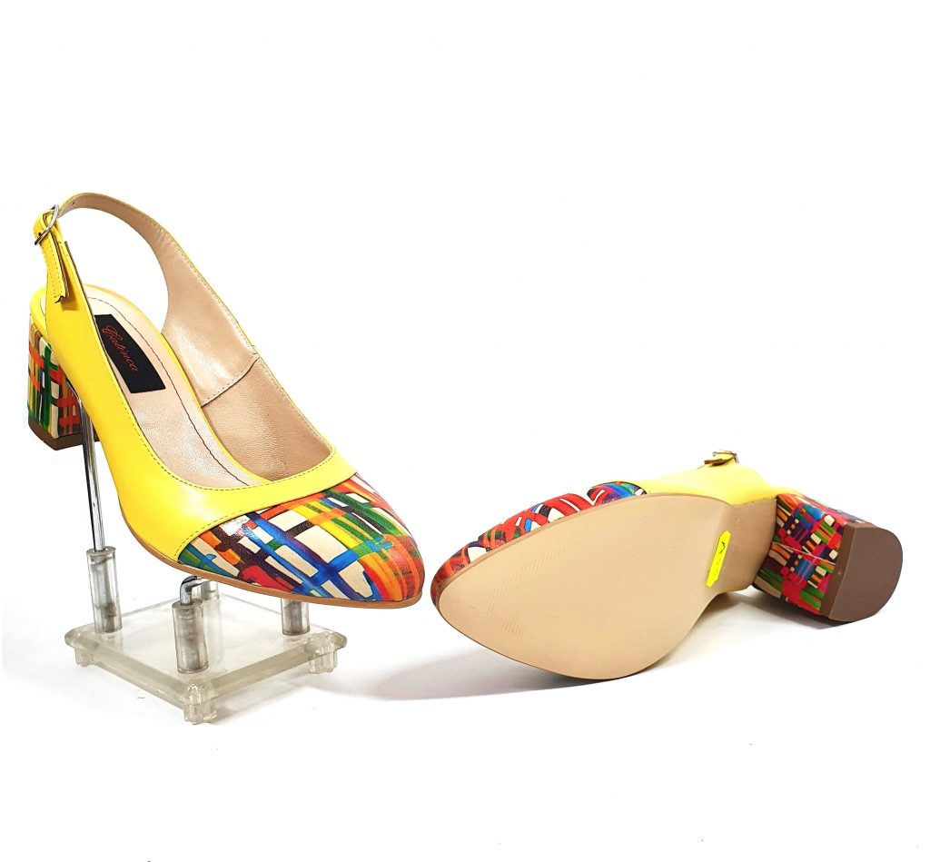 Sandale dama din piele naturala - Galben cu Linii Colorate - A55 GLC