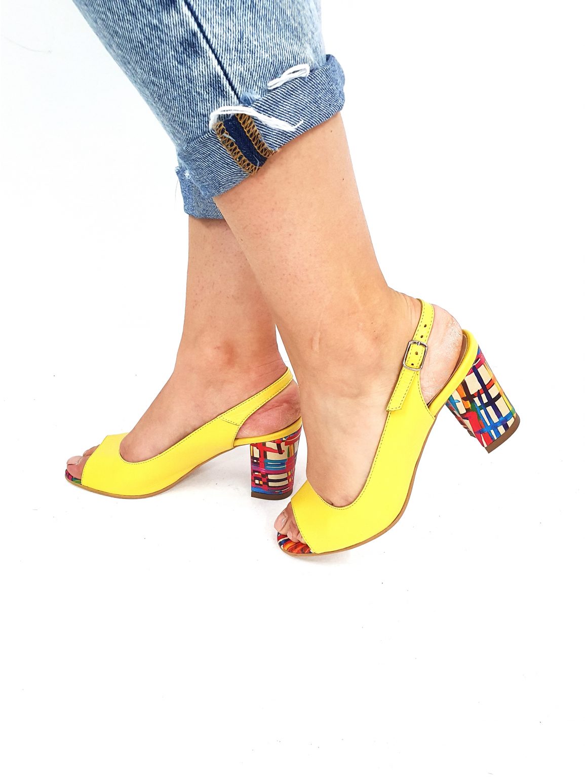 Sandale dama din Piele Naturala - Galben cu Linii Colorate - S29 GLC