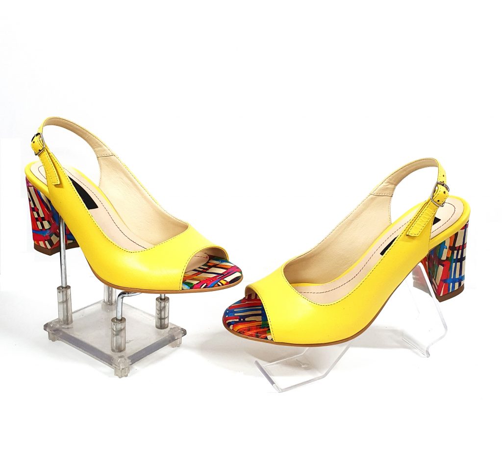 Sandale dama din Piele Naturala - Galben cu Linii Colorate - S29 GLC